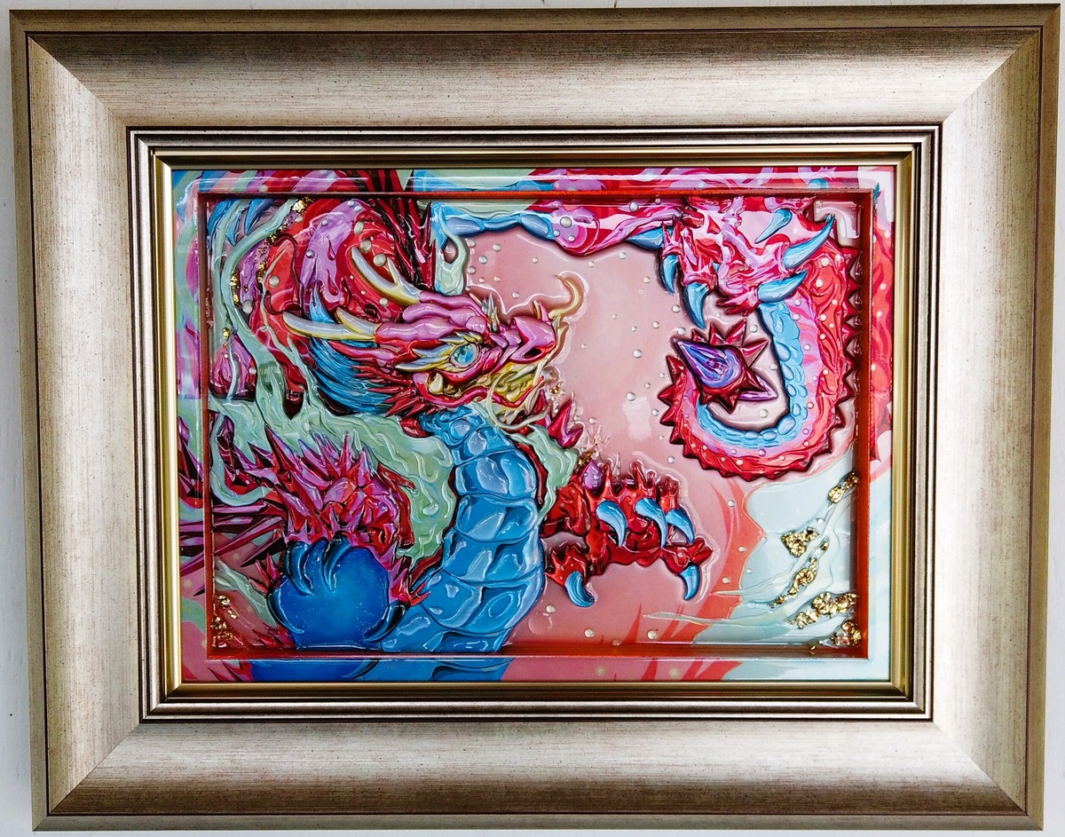 現代水墨画家 白道＋月乃カエル コラボ作品「Layered Pinky Dragon RED」証明書付 龍 絵 絵画 現代アート ...