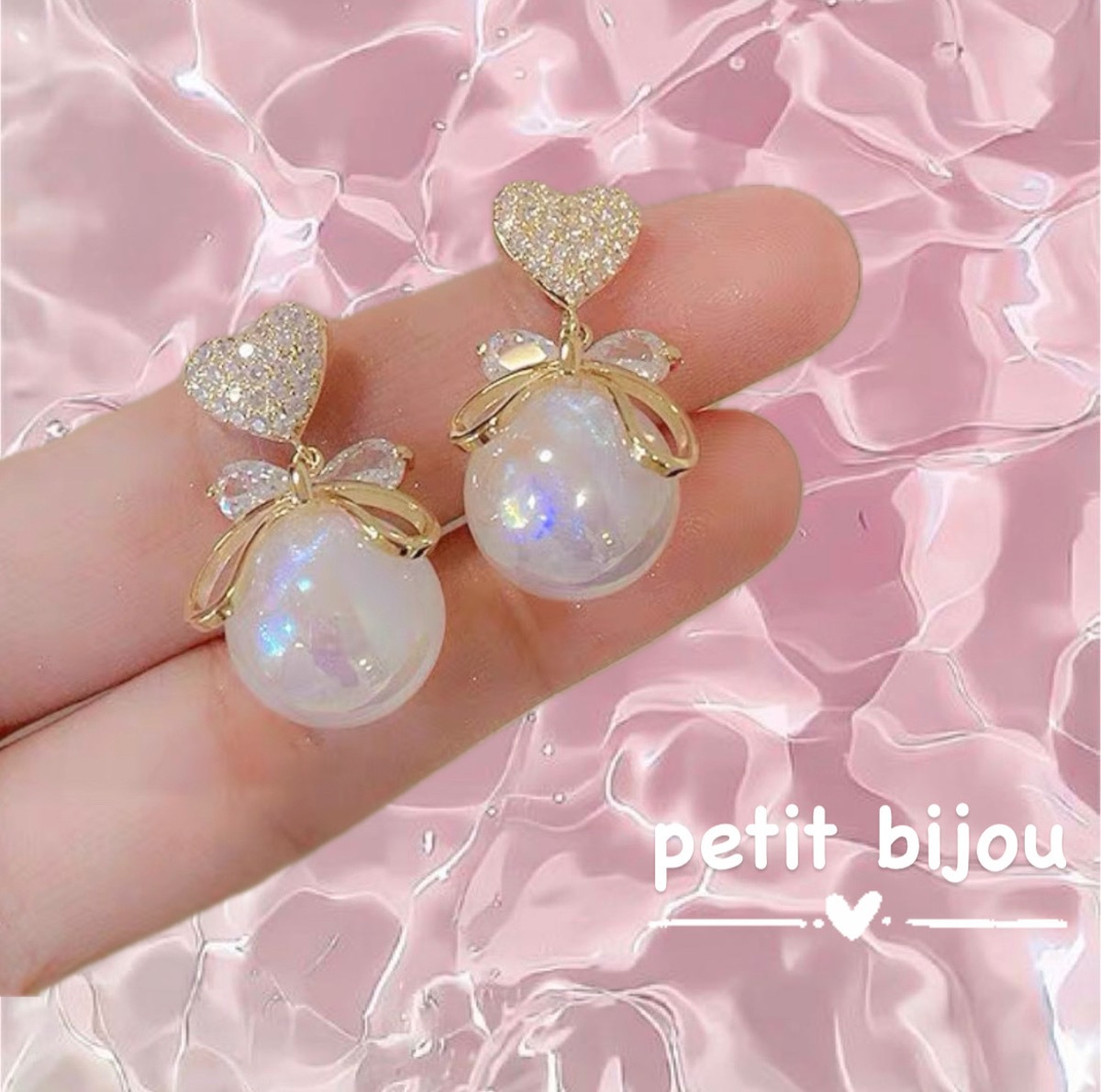 Heart×Ribbon×Perl Pierce | Petit bijou