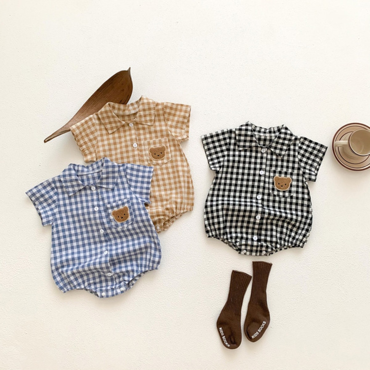 お揃いで *｡gingham checkくまさんロンパース | chouchoubear