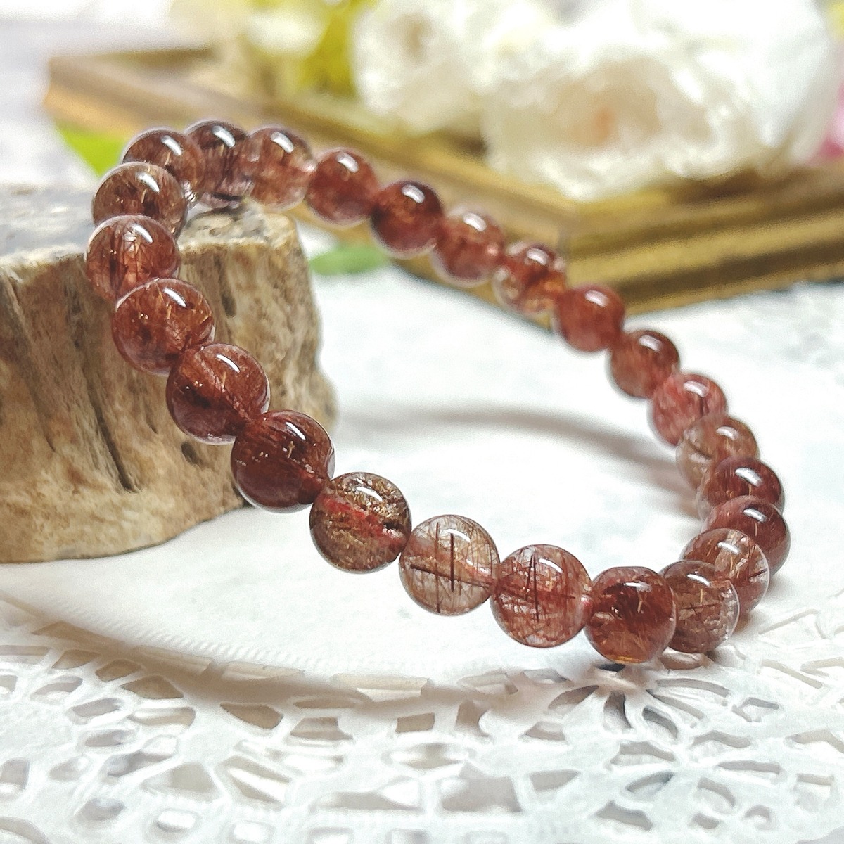 【E8694】 AAAレッドルチルクォーツ＊7㎜-8㎜＊ブレスレット＊Red Rutile Quartz＊天然石 | クリスタル・ワールド御徒町店
