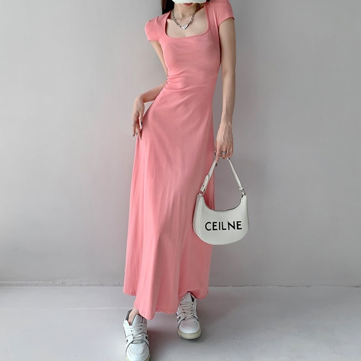 スクエアネックハーフスリーブAラインワンピース/5color | Caxul