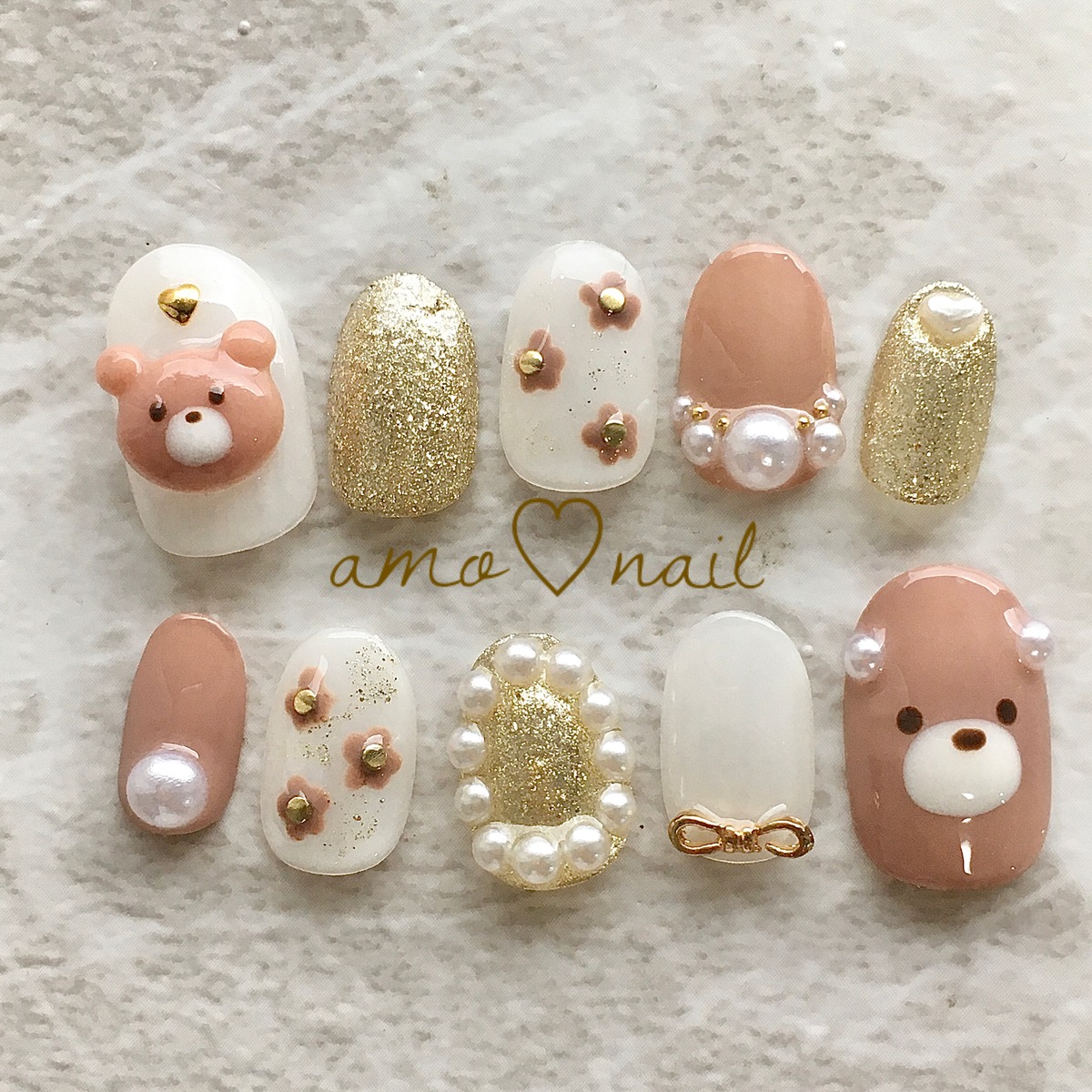 現品 ネイルチップ くま ラテカラー ベージュ ニュアンス ガーリー 量産型 | amo♡nail