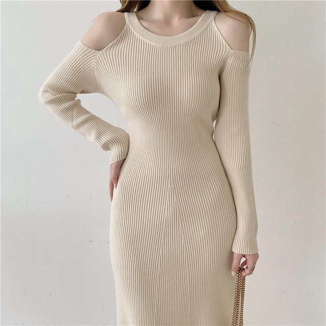 【dress】絶対流行ファッションシンプル肩出しニットワンピース2色着瘦せ M-9824 | nanastyle