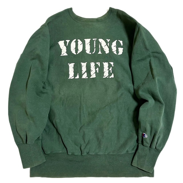 90s チャンピオン Champion リバースウィーブ スウェット YOUNG LIFE 2段プリント グリーン【XL】 MADE IN ...