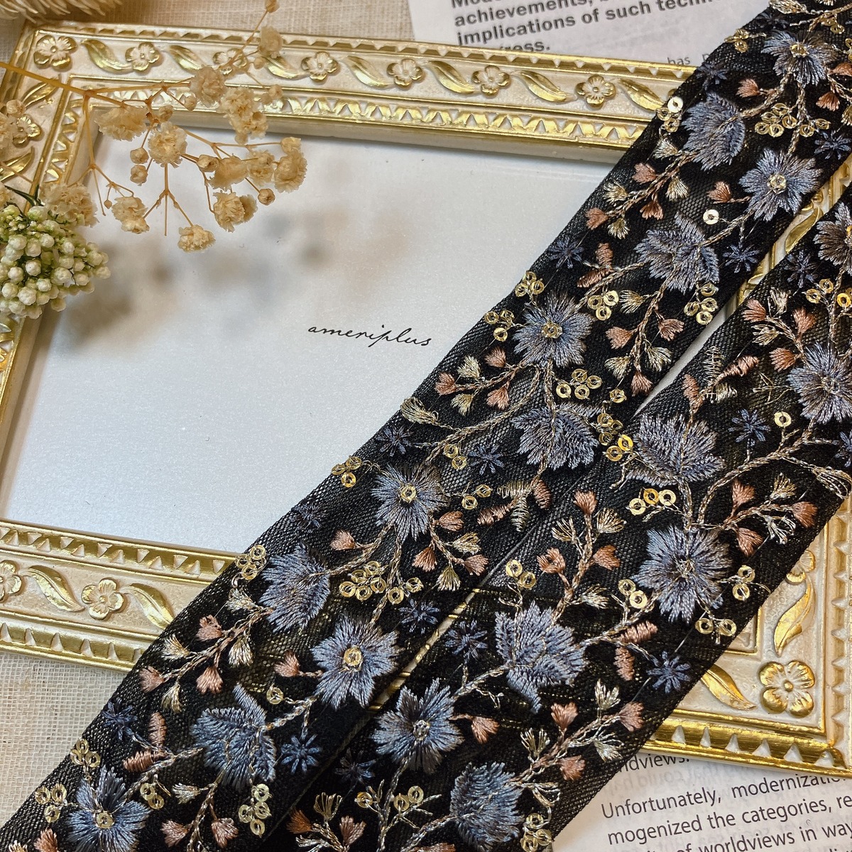 ミスティフラワー [ミッドナイトブルー]インド刺繍リボン A_0119 | #202 ameri plus