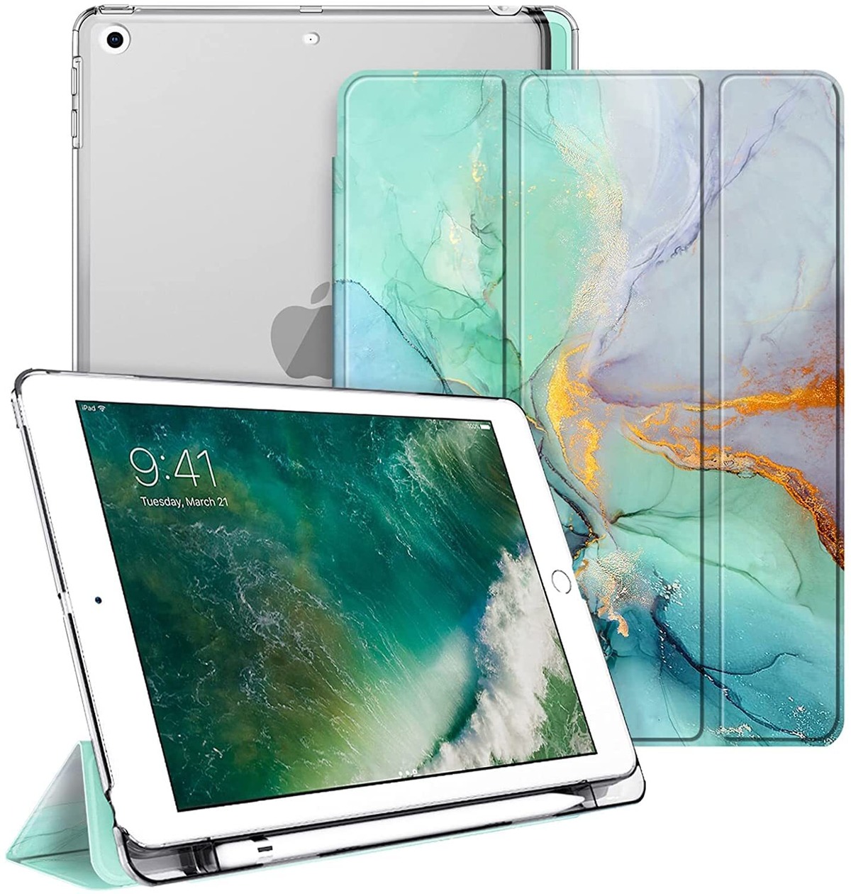 Fintie iPad 9.7 2018 2017 ケース ペンホルダー付き Apple Pencil 収納可能 三つ折スタンド スリープ機能 軽量 薄型 半透明 バックカバー iPad 9. ...