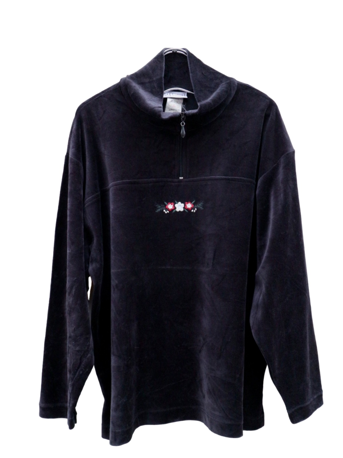 black embroidery half-zip velvet pullover / 刺繍 ハーフジップベロアプルオーバートップス【USED ...