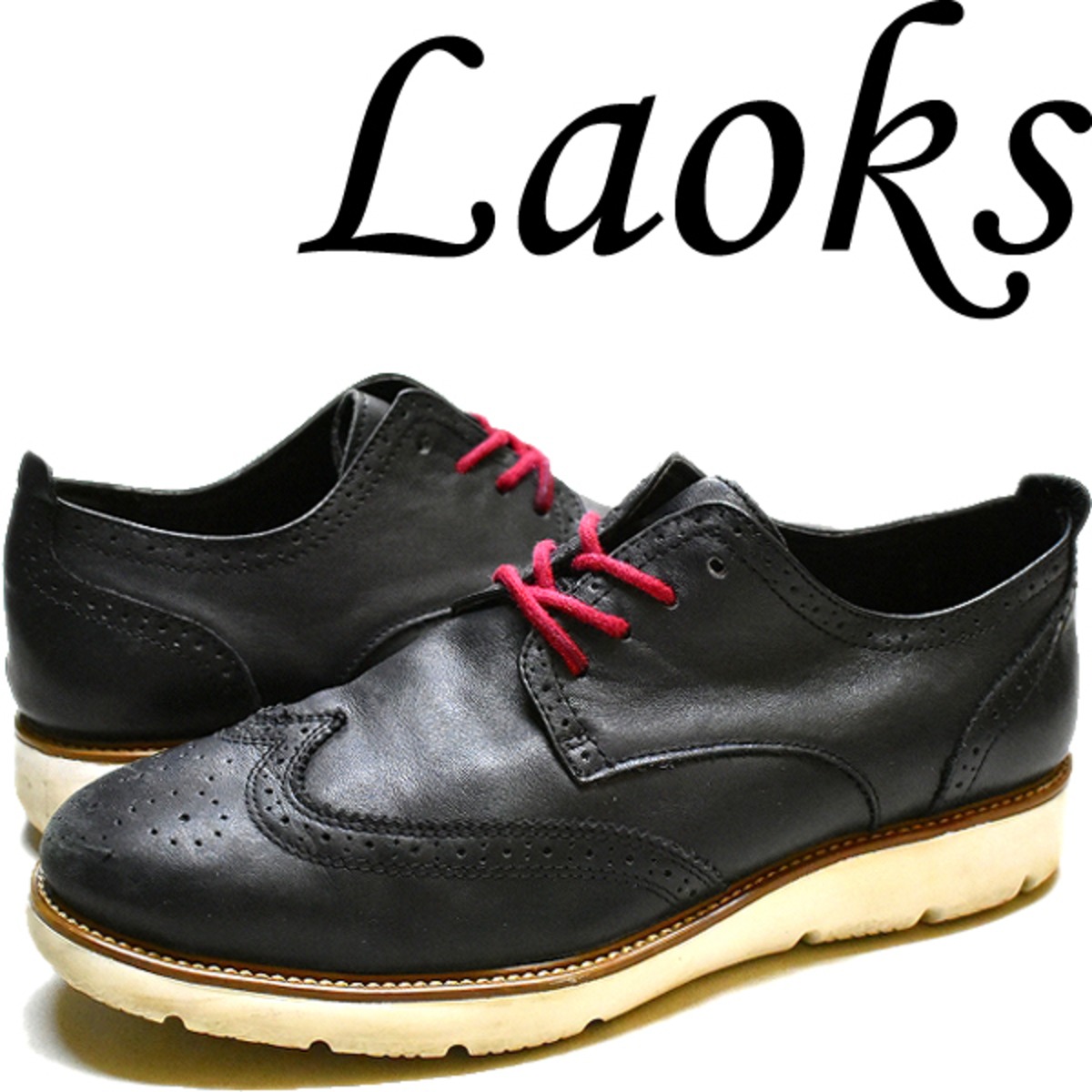 1点物 LAOKSレザーシューズ黒ウィングチップスニーカー古着メンズ27.5レディースOKアメカジ90sストリート/スポーツ/ブーツブランド ...