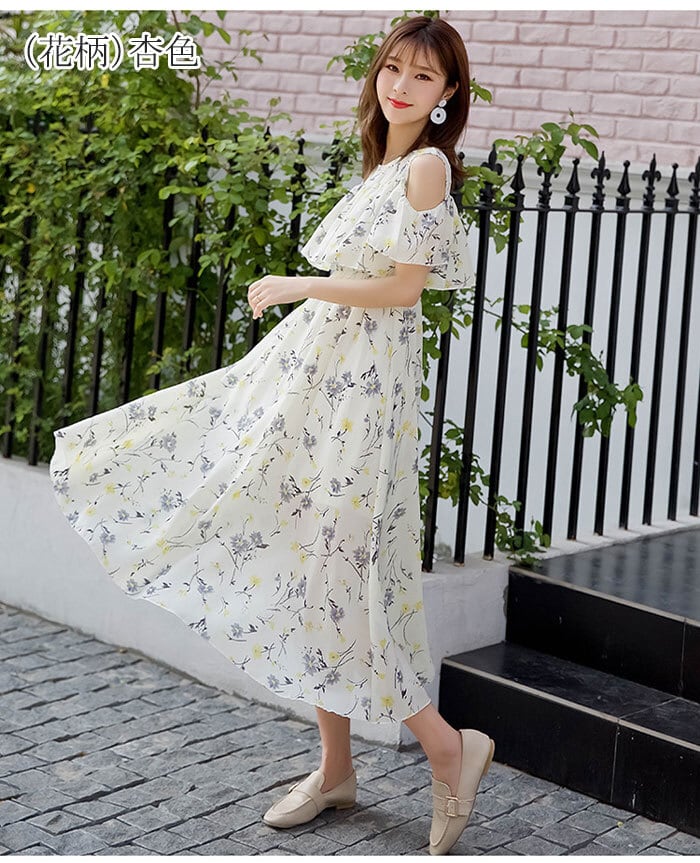 シフォンワンピース マキシワンピース オフショルダー 花柄 純色 シフォンワンピース マキシワンピース オフショルダー 花柄 純色