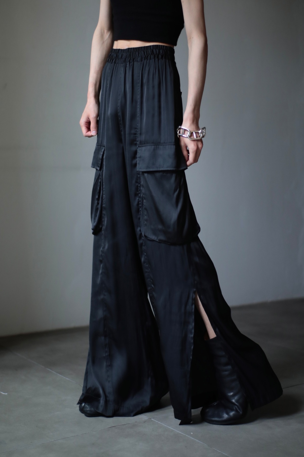 satin cargo side slit design wide straight pants | oo vintage