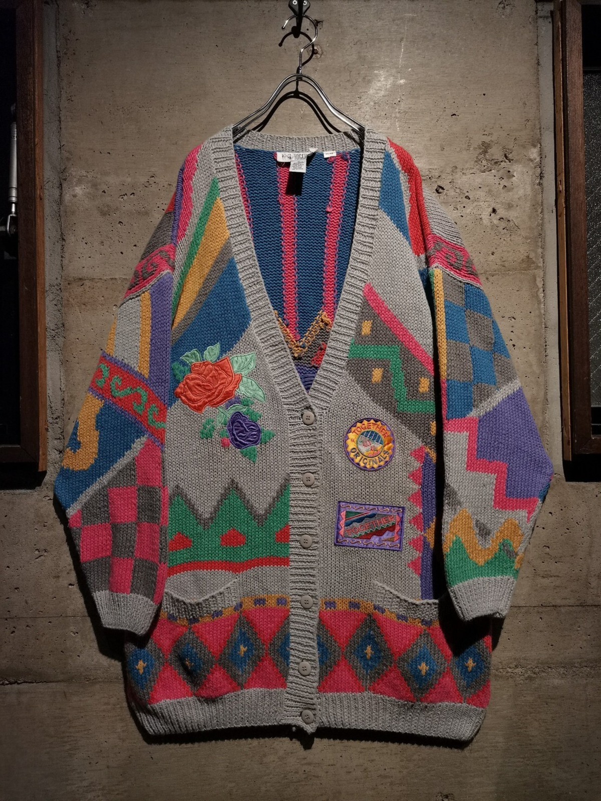 【Caka】"TOGETHER" Patch×Geometric Vintage Loose Ramie Mix Cardigan ...