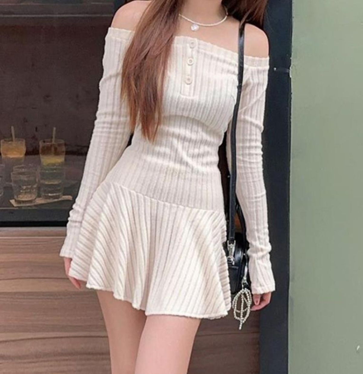 レディース ハイウエスト ボートネック 長袖 ミニ ワンピース ドレス 台型スカート | HapiHapi style