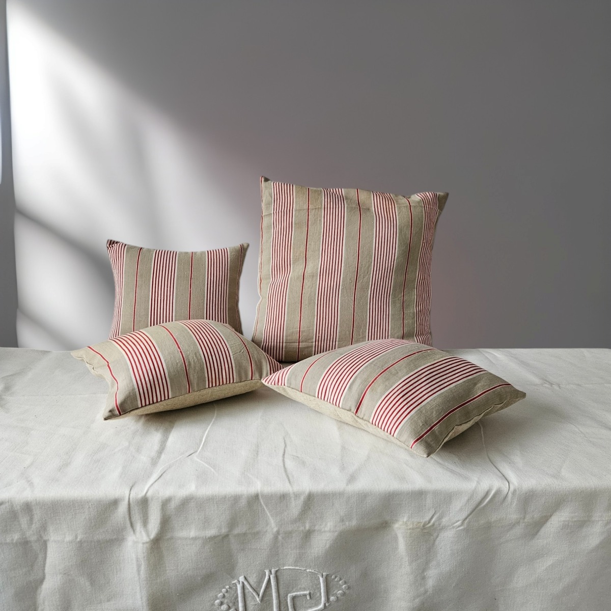 FRENCH TICKING FABRIC REMAKE CUSHOIN COVER 30×30cm beige/フレンチ ティッキング ...