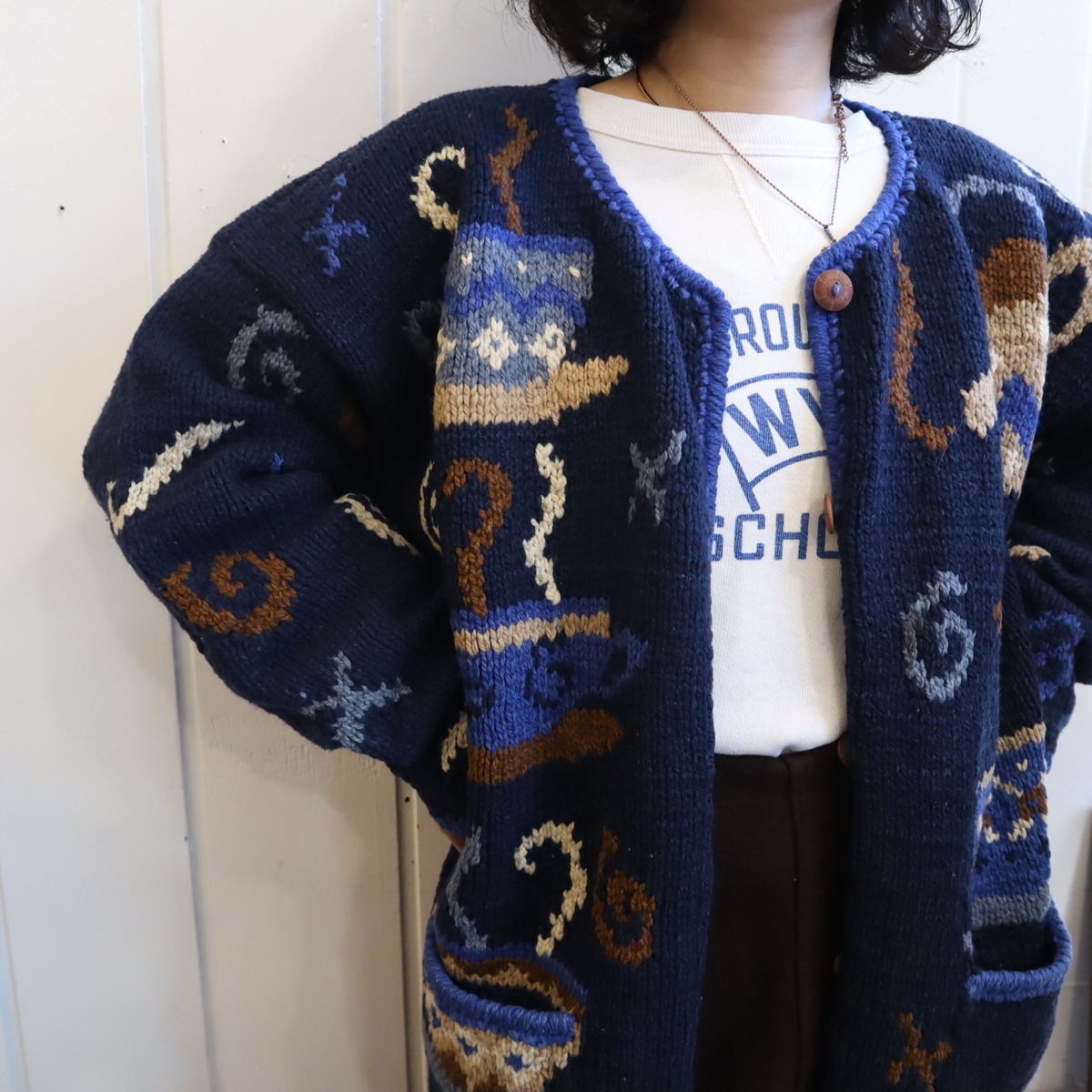 navy×blue cup pattern wool knit cardigan [l-4624] | Fizzvintage