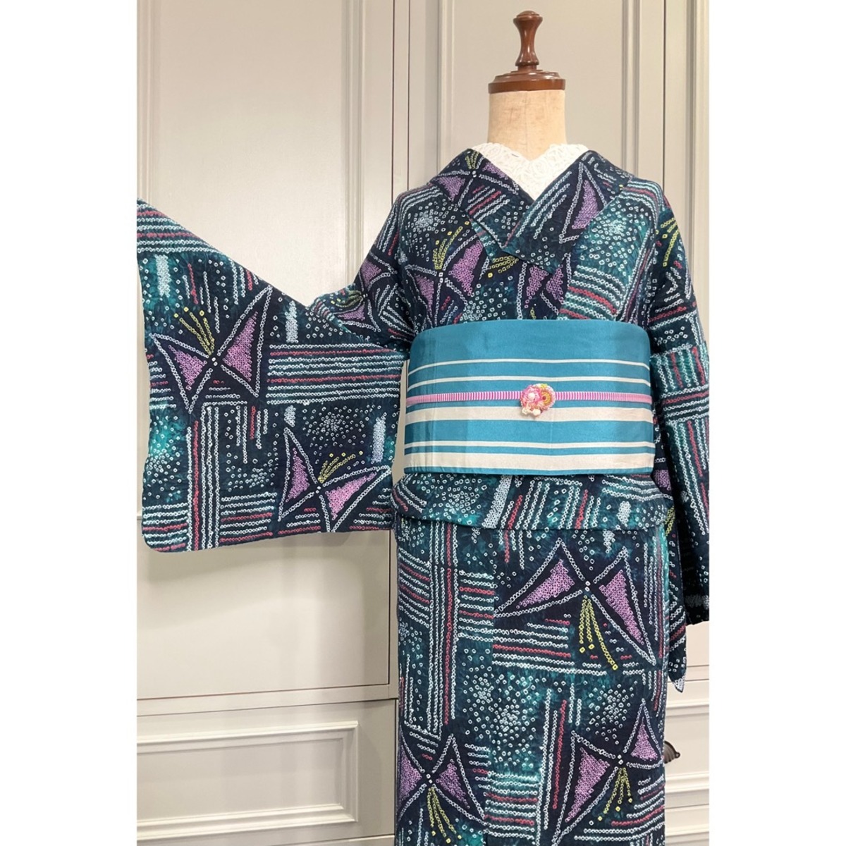 有松鳴海絞り浴衣＊蝶の部屋と格子窓 0908 | kimono tento