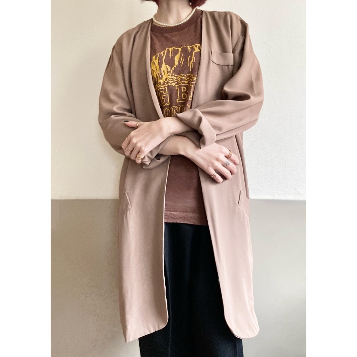 Brown Collarless Long Jacket made in USA | Sugar Spun Sister Used & Vintage
