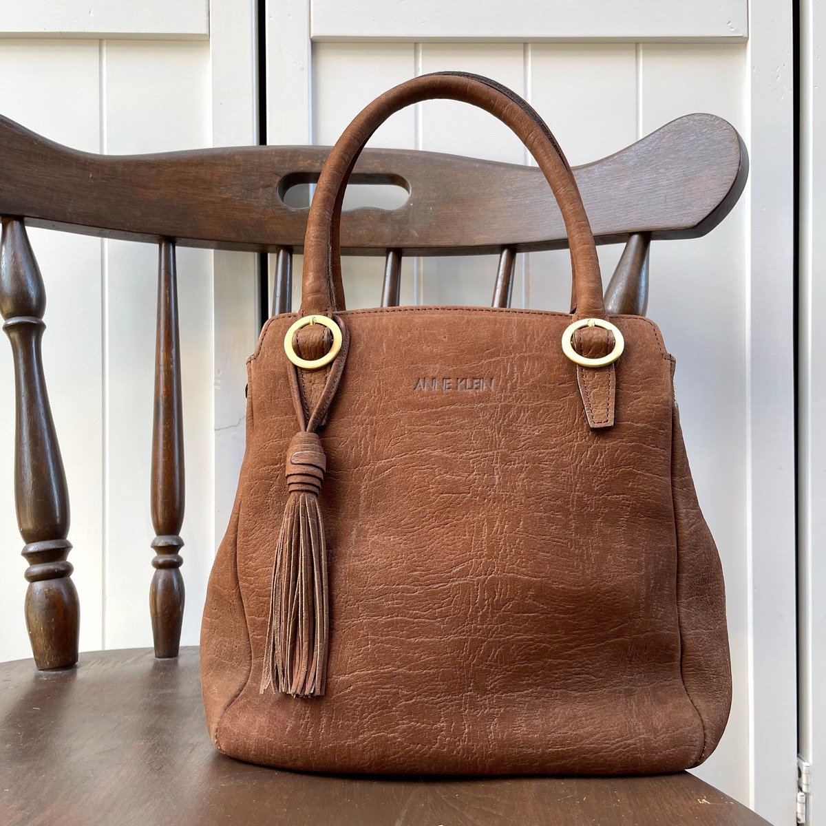 suede leather tassel handbag〈レトロ古着 スエードレザー タッセルハンドバッグ 本革 ANNE KLEIN アンク ...