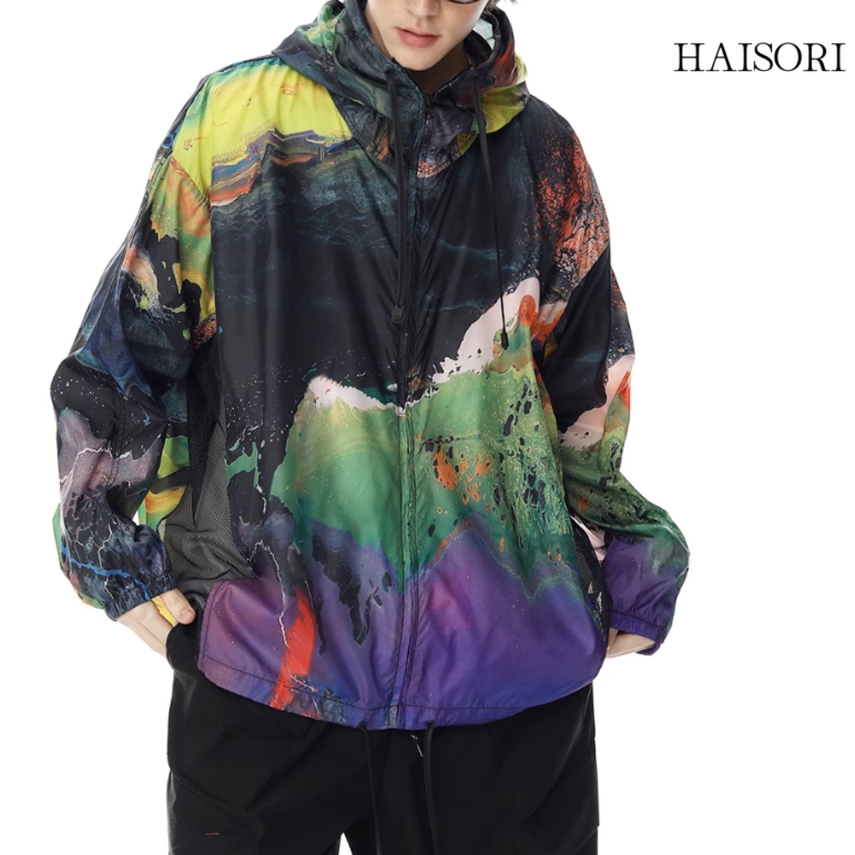 (NEW) Abstract Landscape Print Hooded Windbreaker Jacket | HAISORI【大人セレカジなファッションスペース】