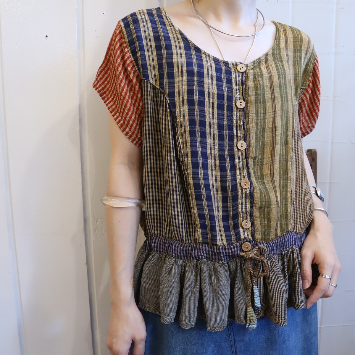 blue×yellow plaid patchwork Indian rayon tops [l-3805] | Fizzvintage