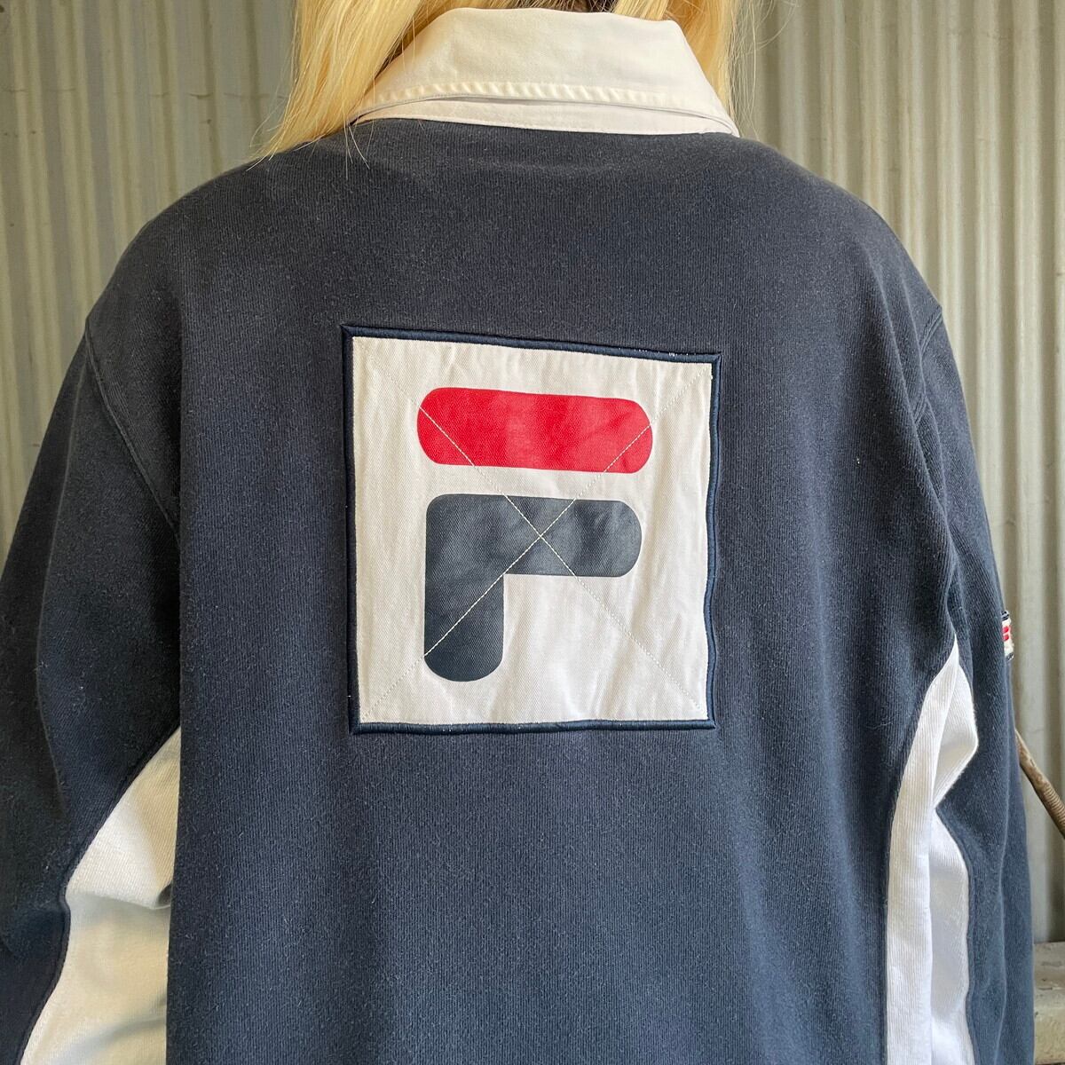 FILA フィラ ロゴ ワッペン ラガーシャツ メンズL 古着 ネイビー 紺 ホワイト 白 レッド 赤【長袖シャツ】【4S-50 ...