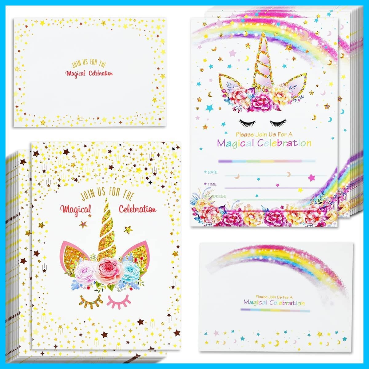 【在庫セール】T-Antrix ユニコーン招待状 封筒24枚付き 両面レインボーグリッター ユニコーン 誕生日パーティー招待状カード 子供の誕生日 ベビーシャワー ユニコーン パーティー用品 ...