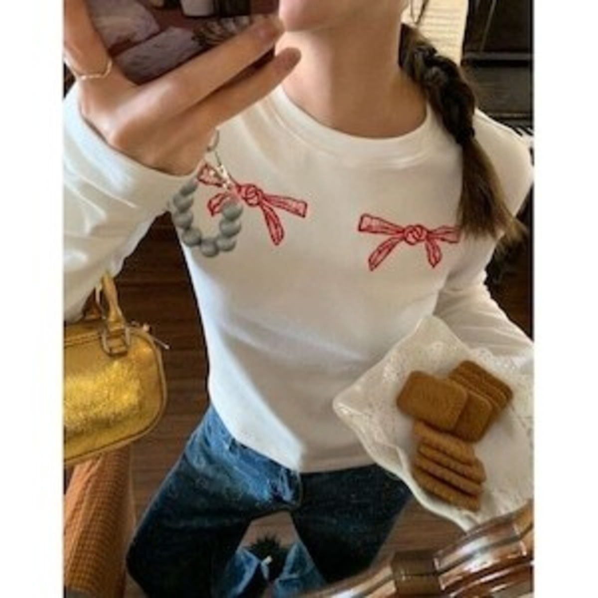 リボンモチーフロンT 長袖 トップス カジュアル ガーリー E827 | yoheipiano1