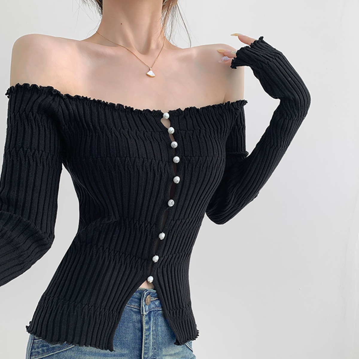 pearl button off shoulder slim knit top la1186 | Lavissy