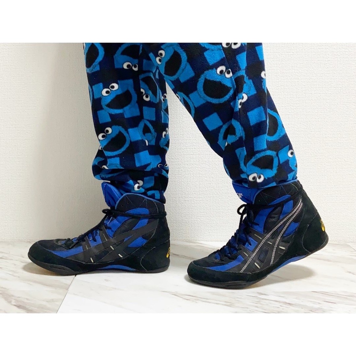 old asics blue wrestling high cut shoes | protocol