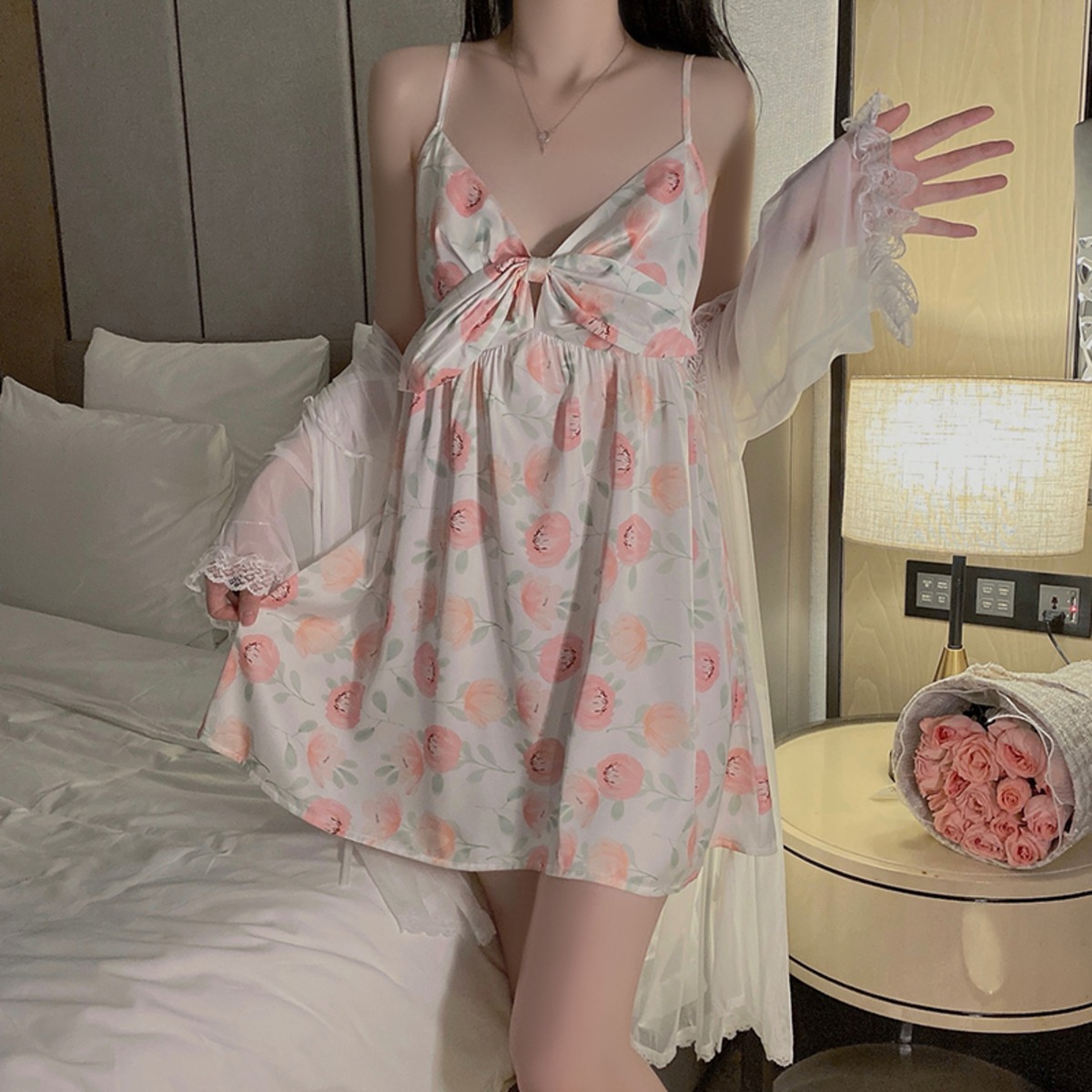 パジャマ ルームウェア ビードール 花柄 蝶結び かわいい 背露出 YH8-GR3846 | Lady's coco工場直営ドレス専門店