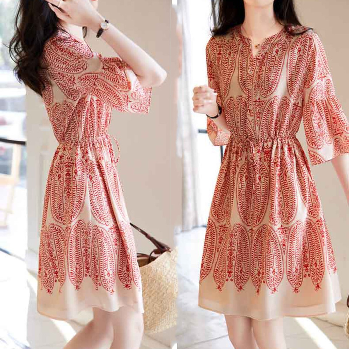 【dress】知的で品の良い♡エレガントプリント5分袖デートワンピース着瘦せ M-8796 | nanastyle