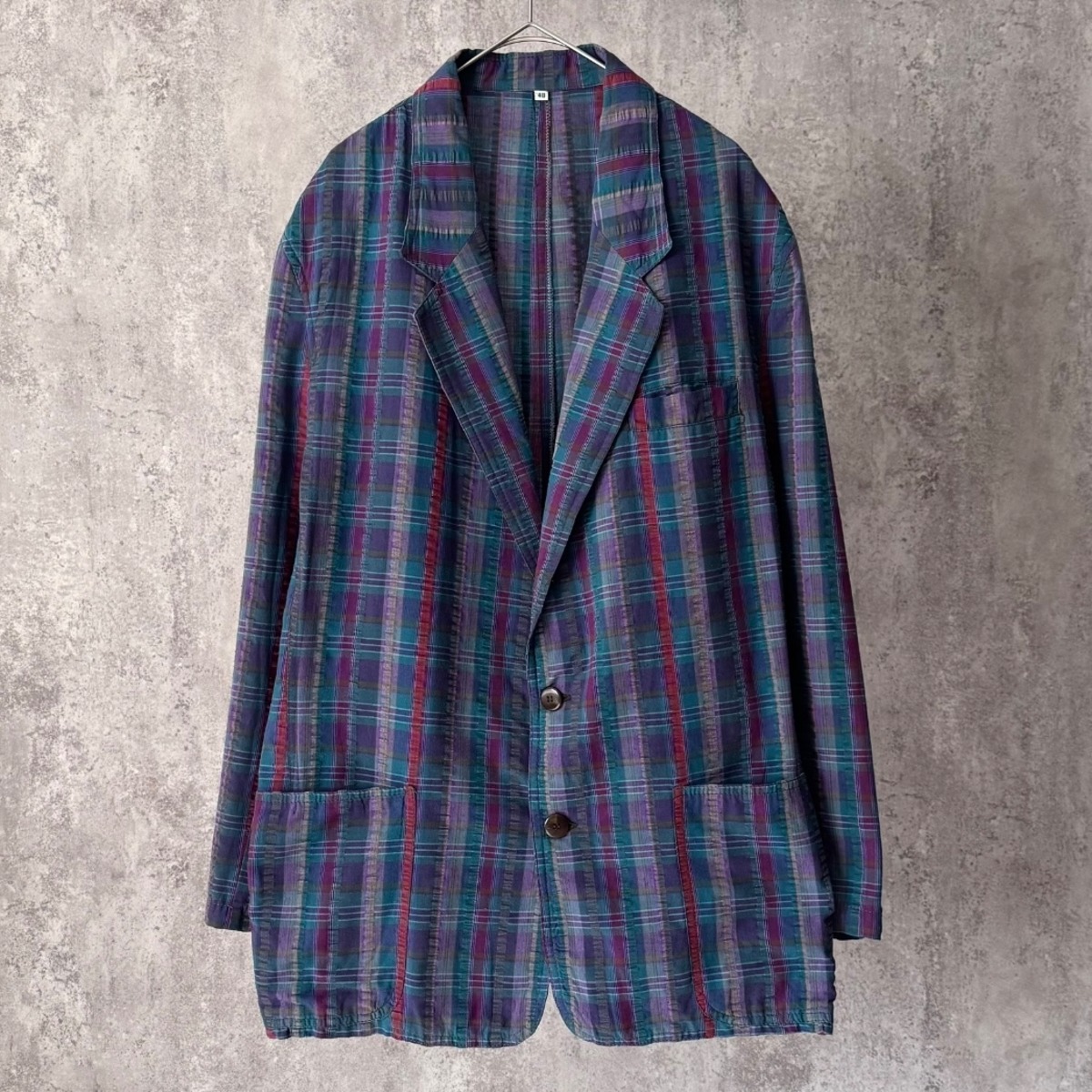 90s Check pattern cotton seersucker relax tailored jacket made in Euro ...
