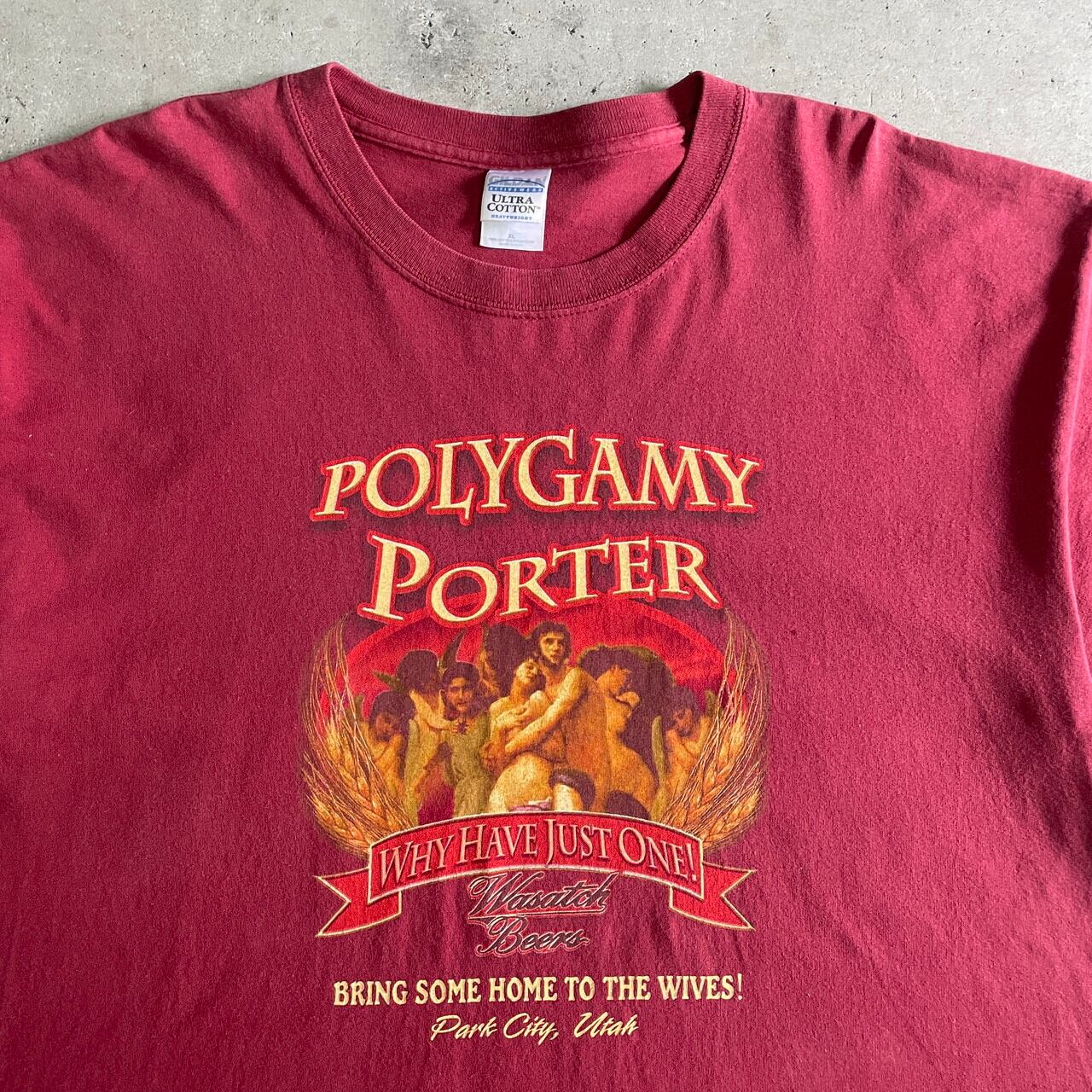 POLYGAMY PORTER クラフトビール アドバタイジング 企業ロゴ プリントTシャツ メンズXL 古着ワインレッド ボルドー えんじ ...