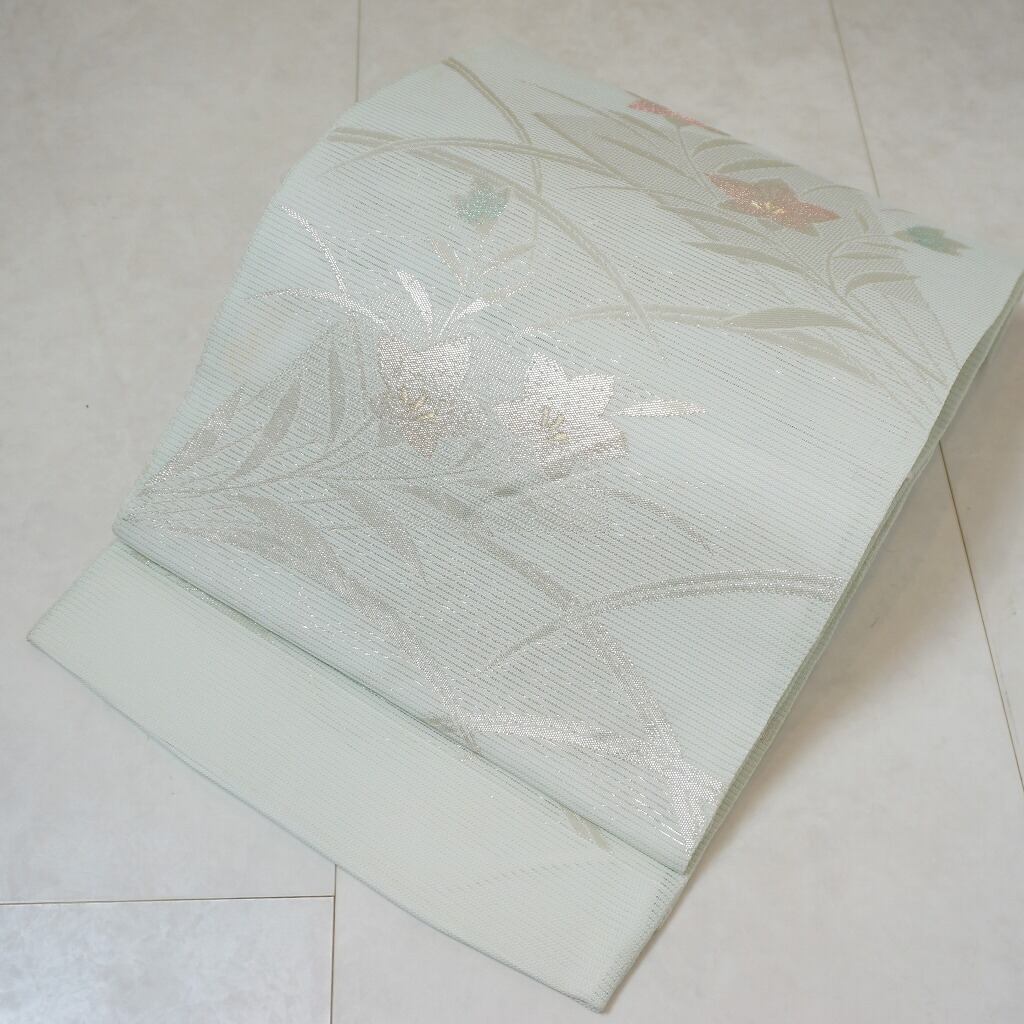 夏帯】京袋帯 絽 桔梗 花柄 金銀糸 アイスグリーン 黄緑 248 夏帯】京袋帯 絽 桔梗 花柄 金銀糸 アイスグリーン 黄緑 248