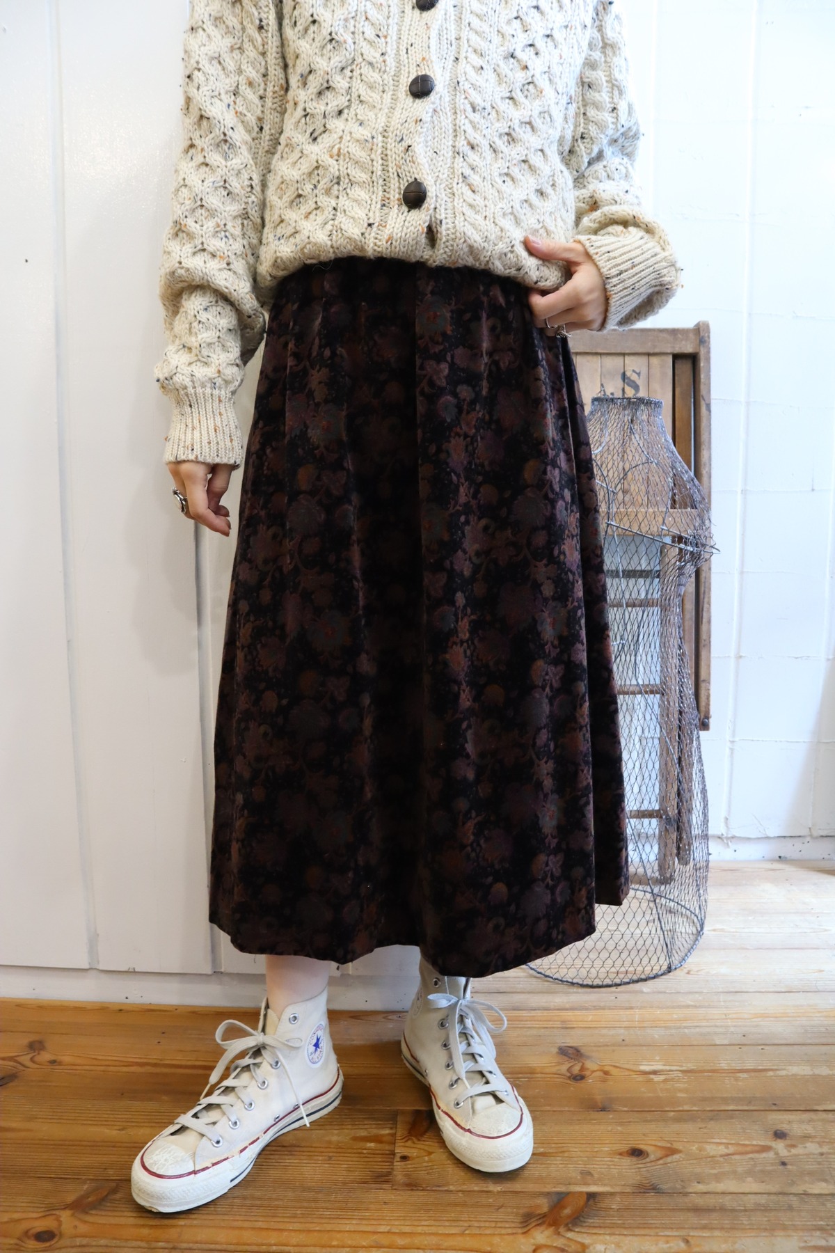 70-80s black×purple×green total pattern velour skirt [l-1884] | Fizzvintage