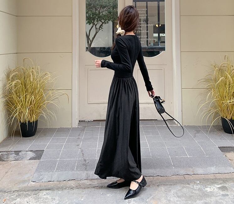 異素材MIX 長袖 ロング ワンピース フレアワンピース ワンピドレス