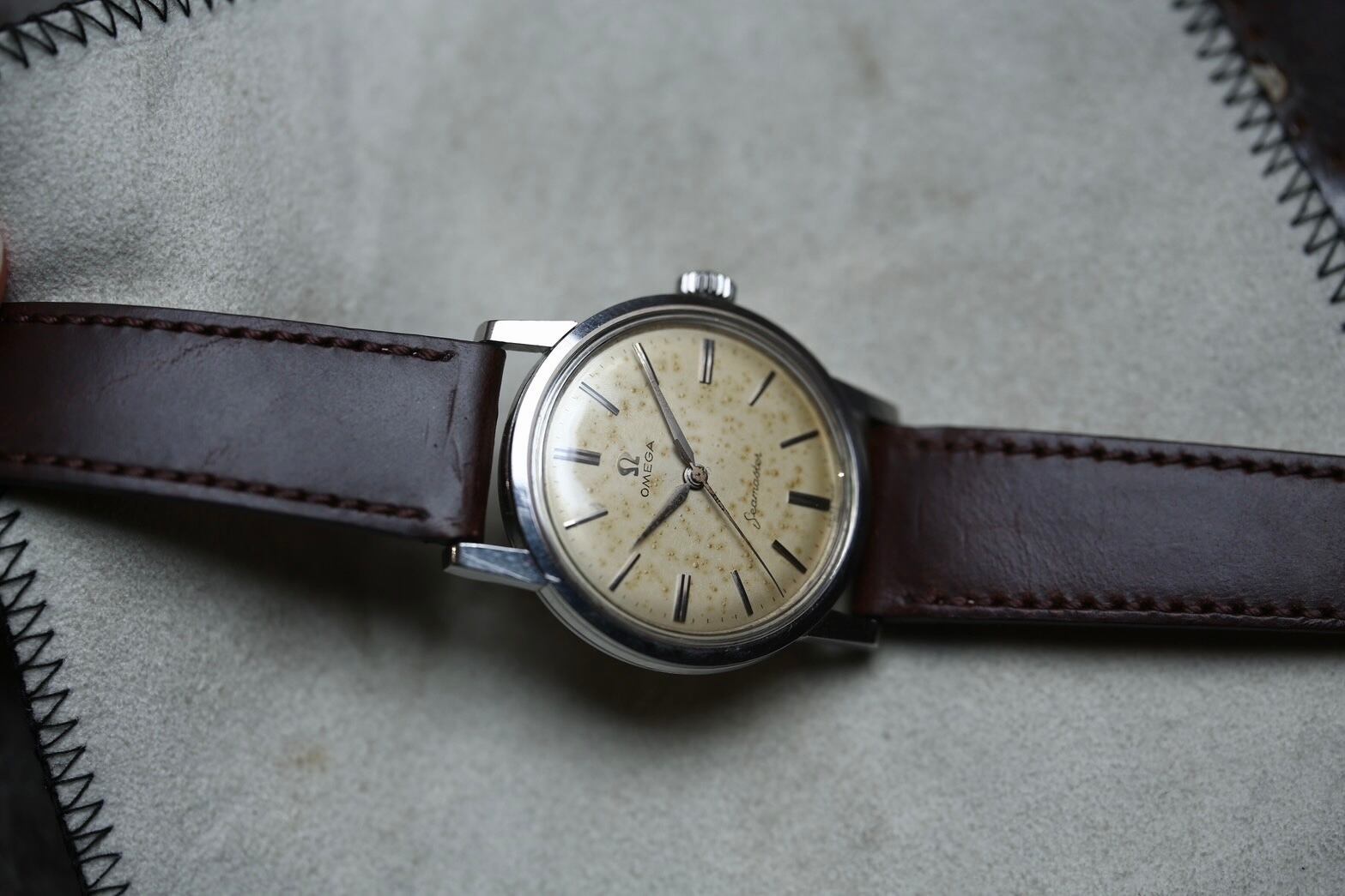【OMEGA】 1958年製 オメガ シーマスター ”ブラウンスポットエイジング” アルファ針＆ビッグシーホース 手巻き OH済み ...