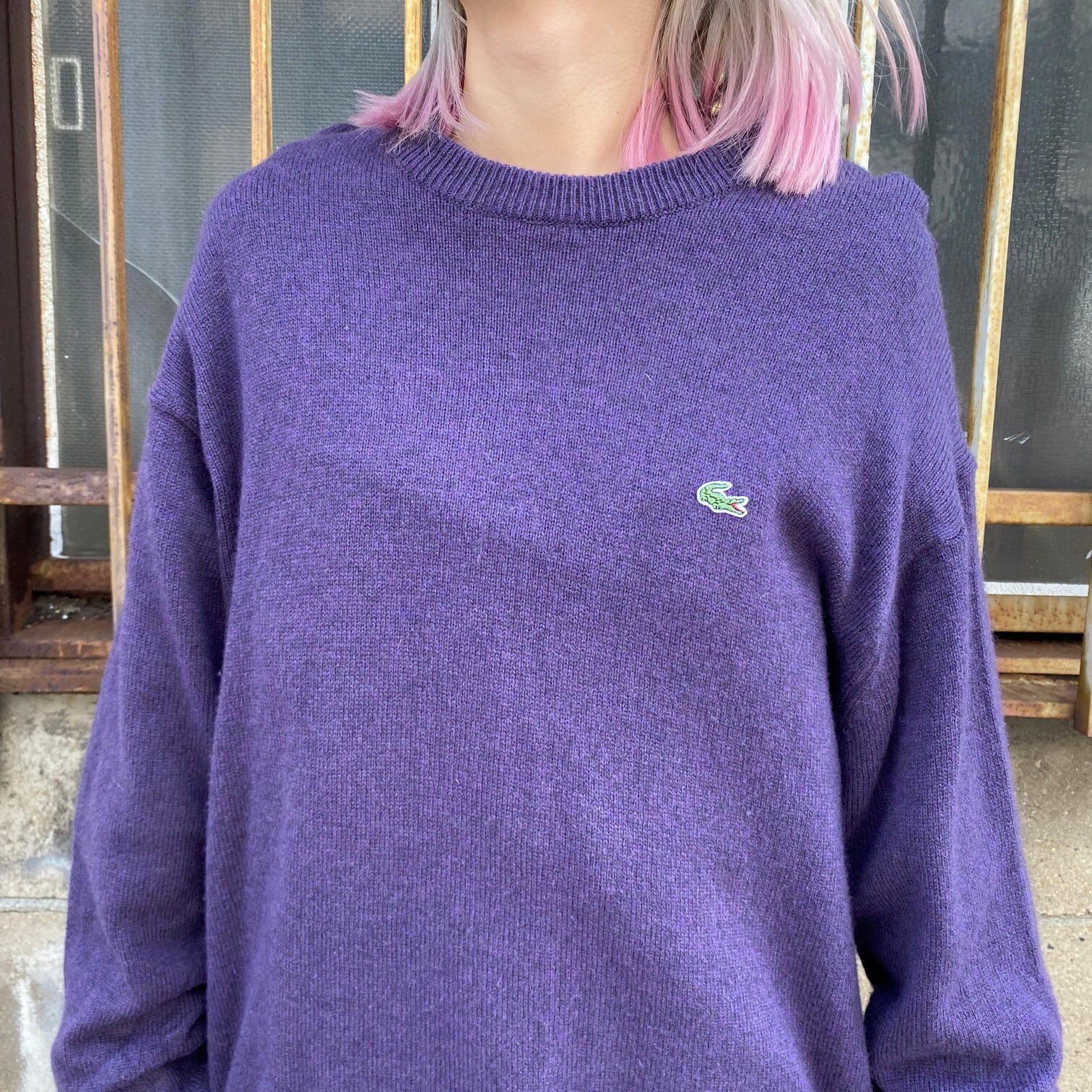 DEVANLAY社製 LACOSTE ラコステ ウールニットセーター メンズL相当 古着 紫 パープル クルーネック【ニットセーター ...