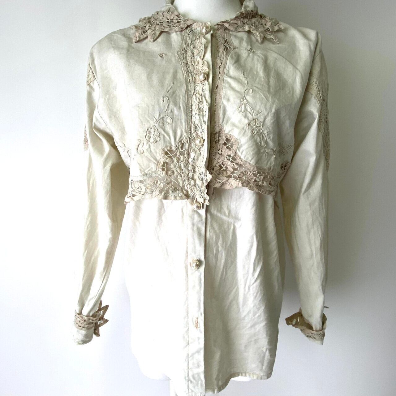 訳あり特価 USA製 レース 花刺? クロシェ コットン 長袖シャツ