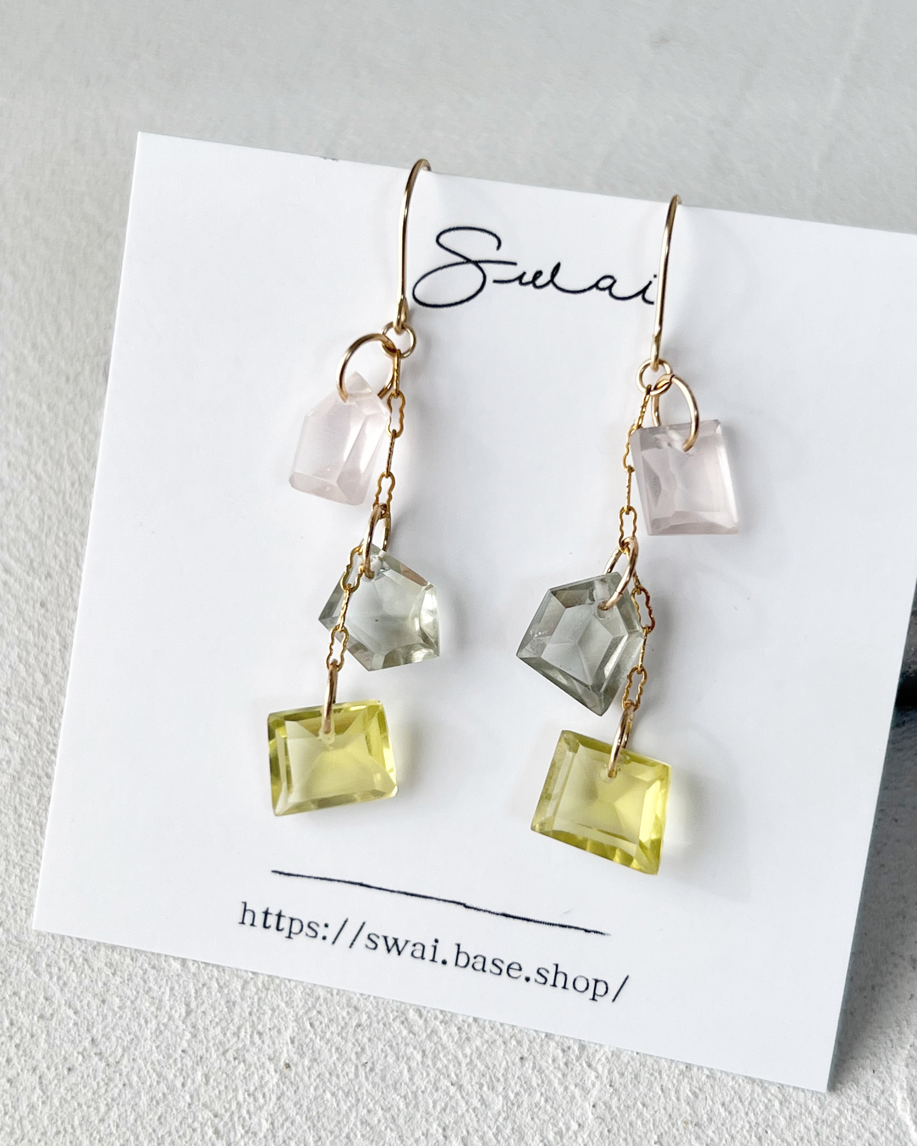 ローズクォーツ×グリーンアメジスト×レモンクォーツピアス14kgf | SWAI