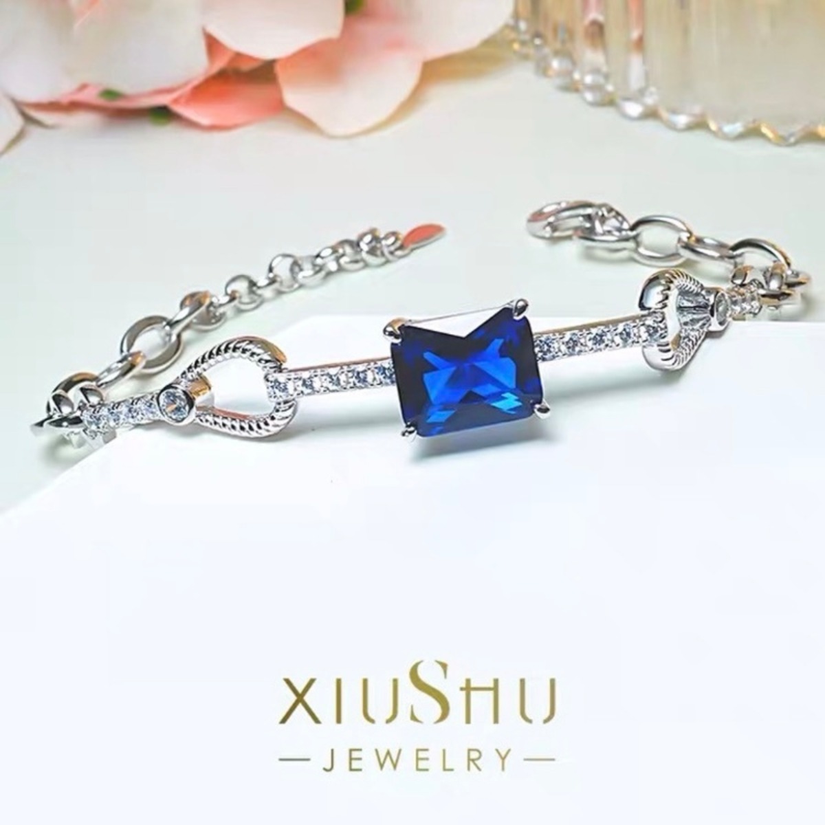 人工サファイア チェーンブレスレット 高炭素ダイヤモンド キラキラ ゴージャス シンプル ホワイト ブルー 青 白 | キラキラゴージャスジュエリーのXIUSHU(シュシュ)