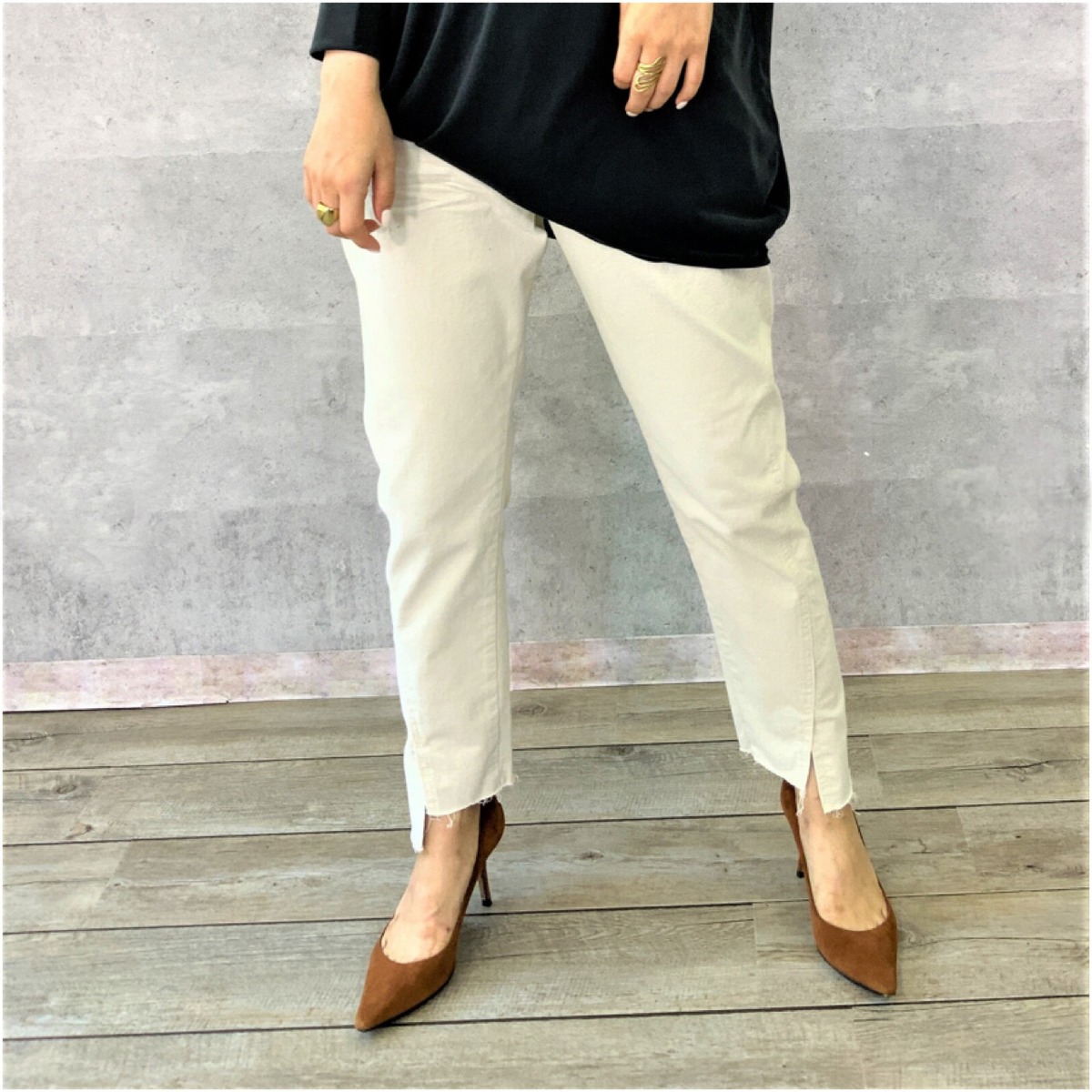 【Anna Kerry アンナケリー】テーパードシルエットパンツ Riley イレヘム ベージュ ストレッチ ダメージ カジュアル綺麗 ...