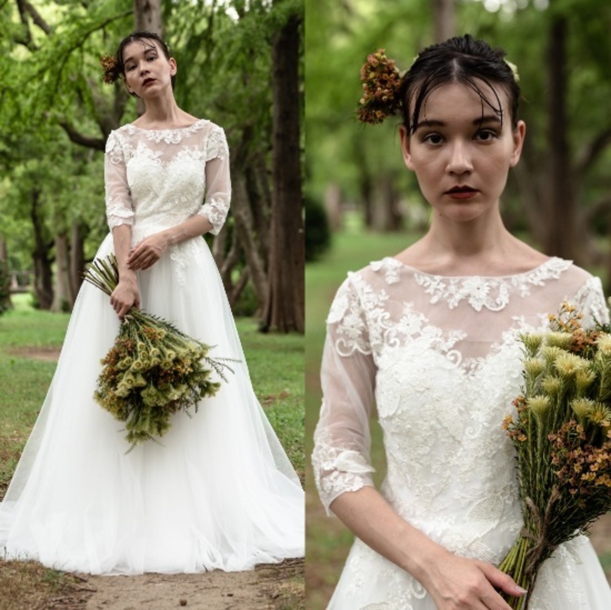 Sample Sale Lサイズ・リーフ刺繍 袖付き Aラインドレス（W173）【G350】 | DRESS PRODUCTION