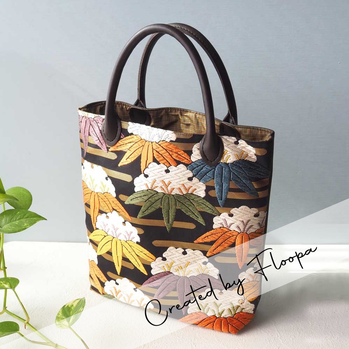 西陣織バッグ｜黒地に華やかな色彩の葉文様｜上品で個性が光るハンドメイドバッグ | Floopa