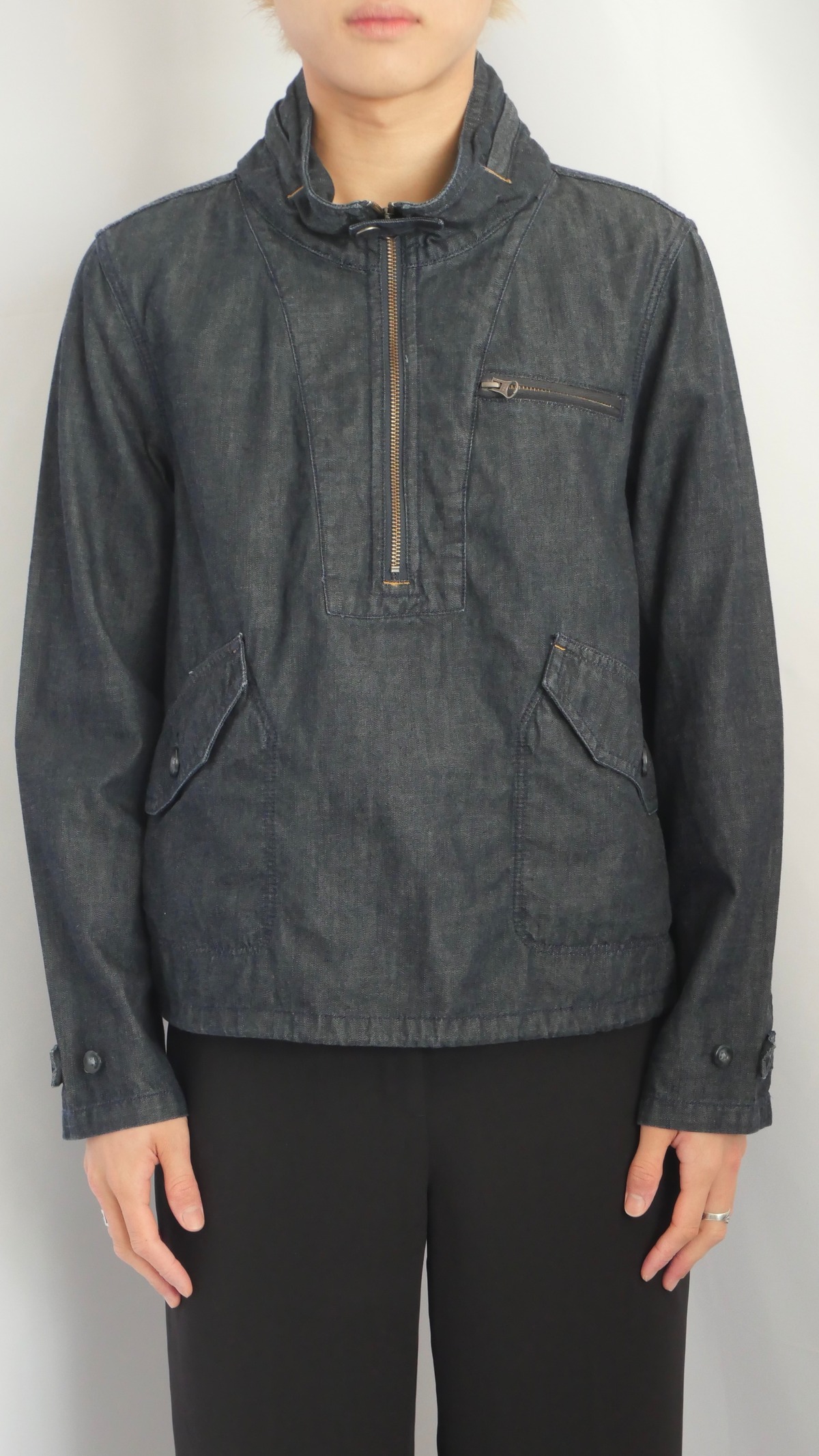 designed half zip short denim jacket | bacterium