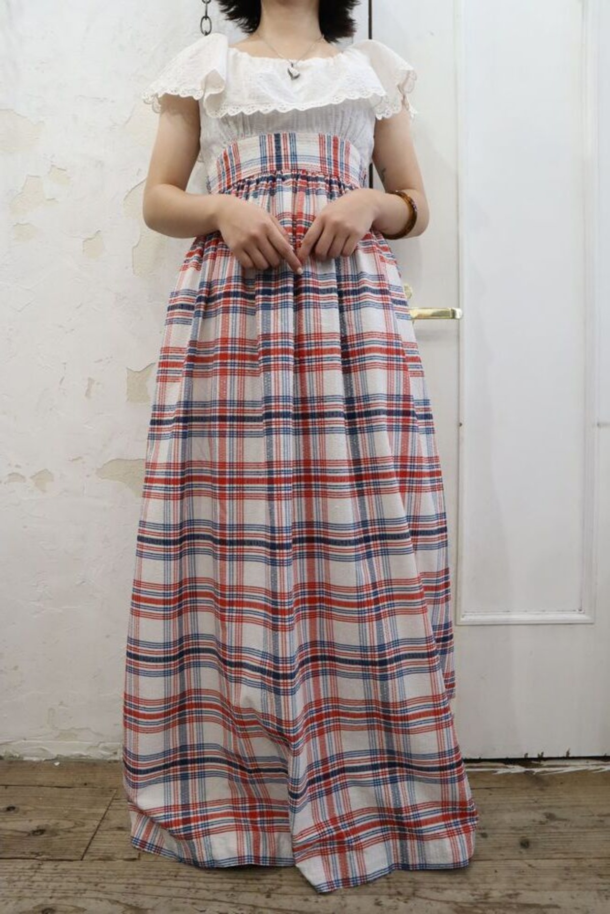 70s white×red×blue plaid sleeveless long dress [l-1167] | Fizzvintage