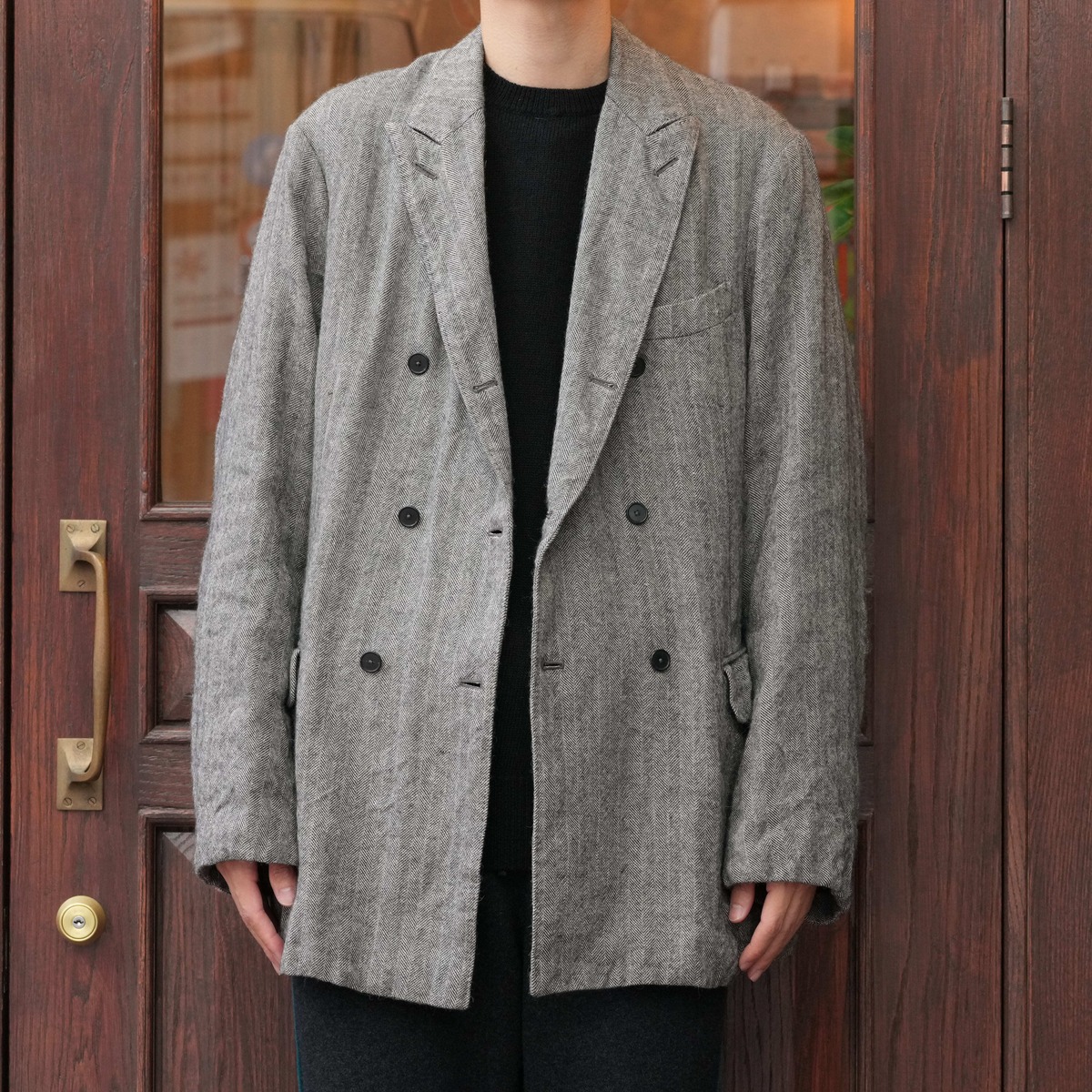 MAATEE&SONS (マーティーアンドサンズ) 24AW "DOUBLE WASHED GATHER JACKET LINEALPACAヘリンボーン" -HERRINGBORN- | khaki