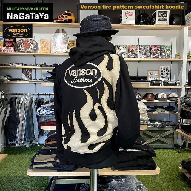 バンソン VANSON ファイヤーパターン エンブレム刺繍 スウェット 裏毛 ジップパーカー NVSZ-2303 モーターサイクルウェア ...