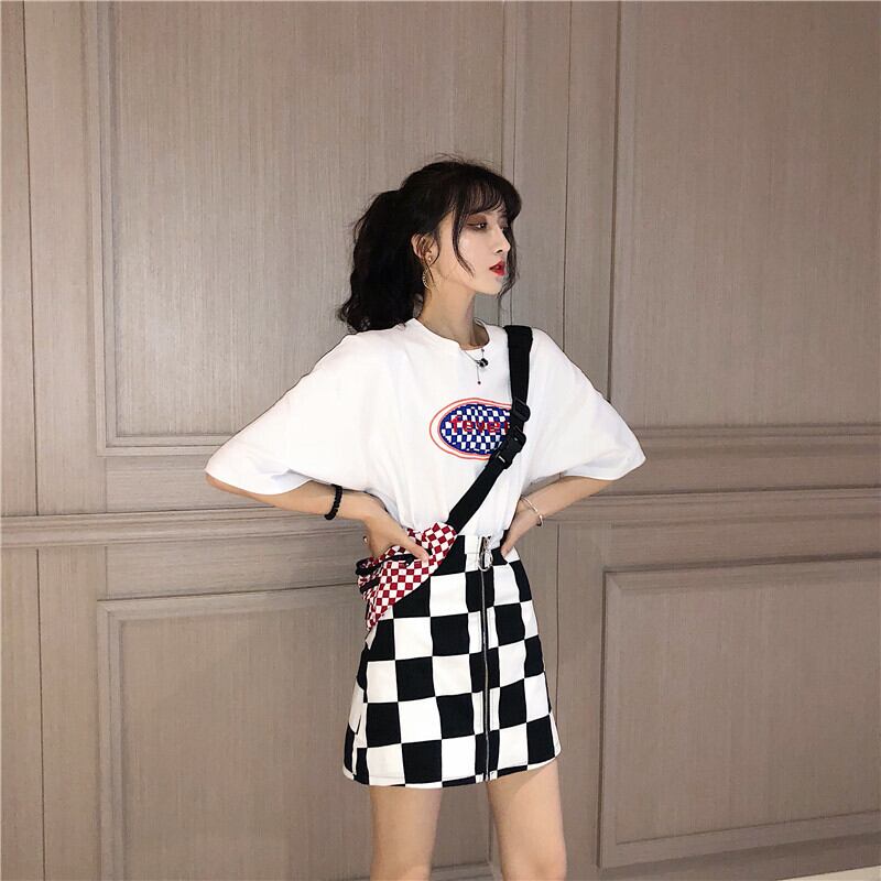 2点セット】半袖Tシャツ+チェッカーボード柄 スカート 2点セット】半袖Tシャツ+チェッカーボード柄 スカート