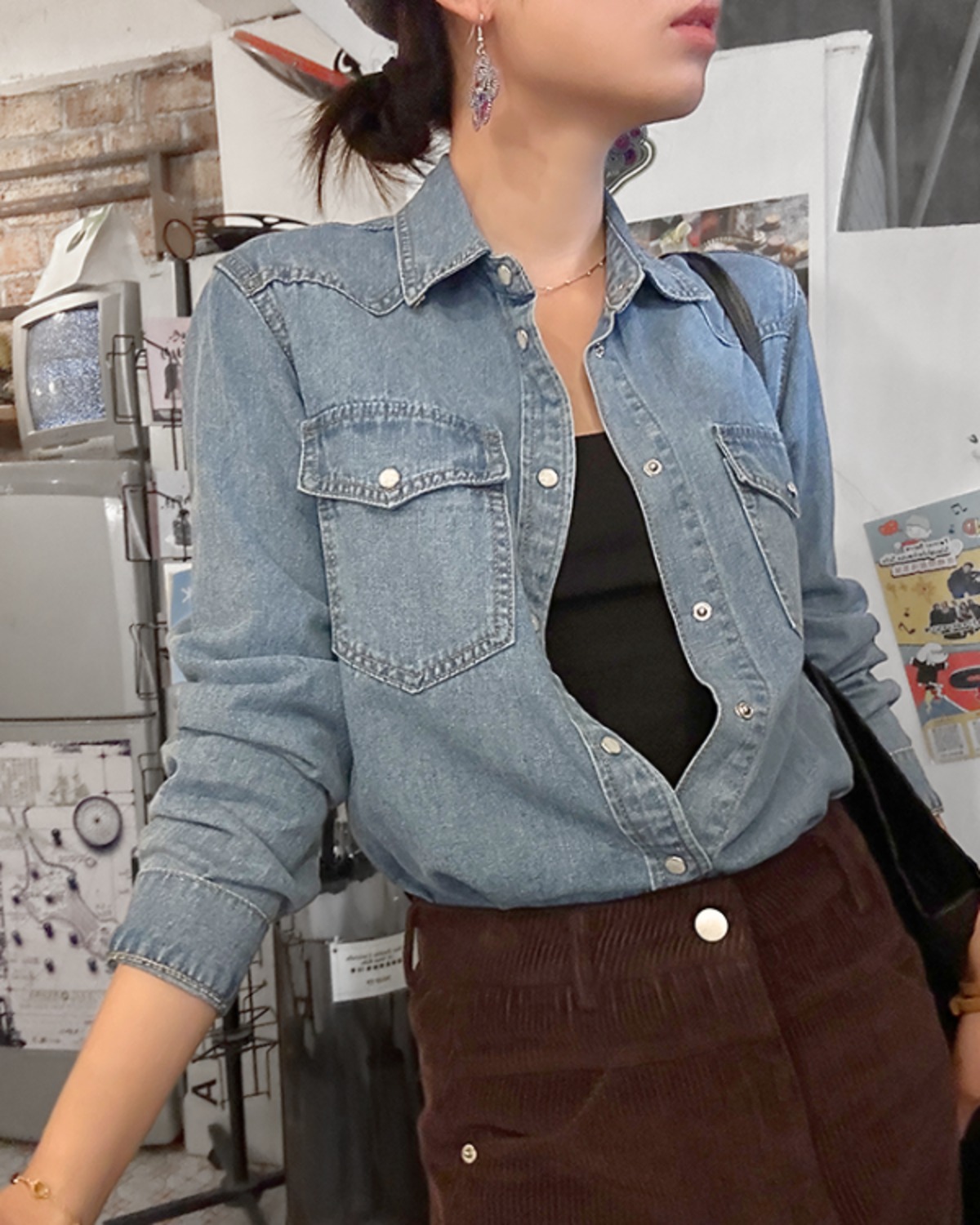 Snap button denim shirt 2color TH3212 | Leithy