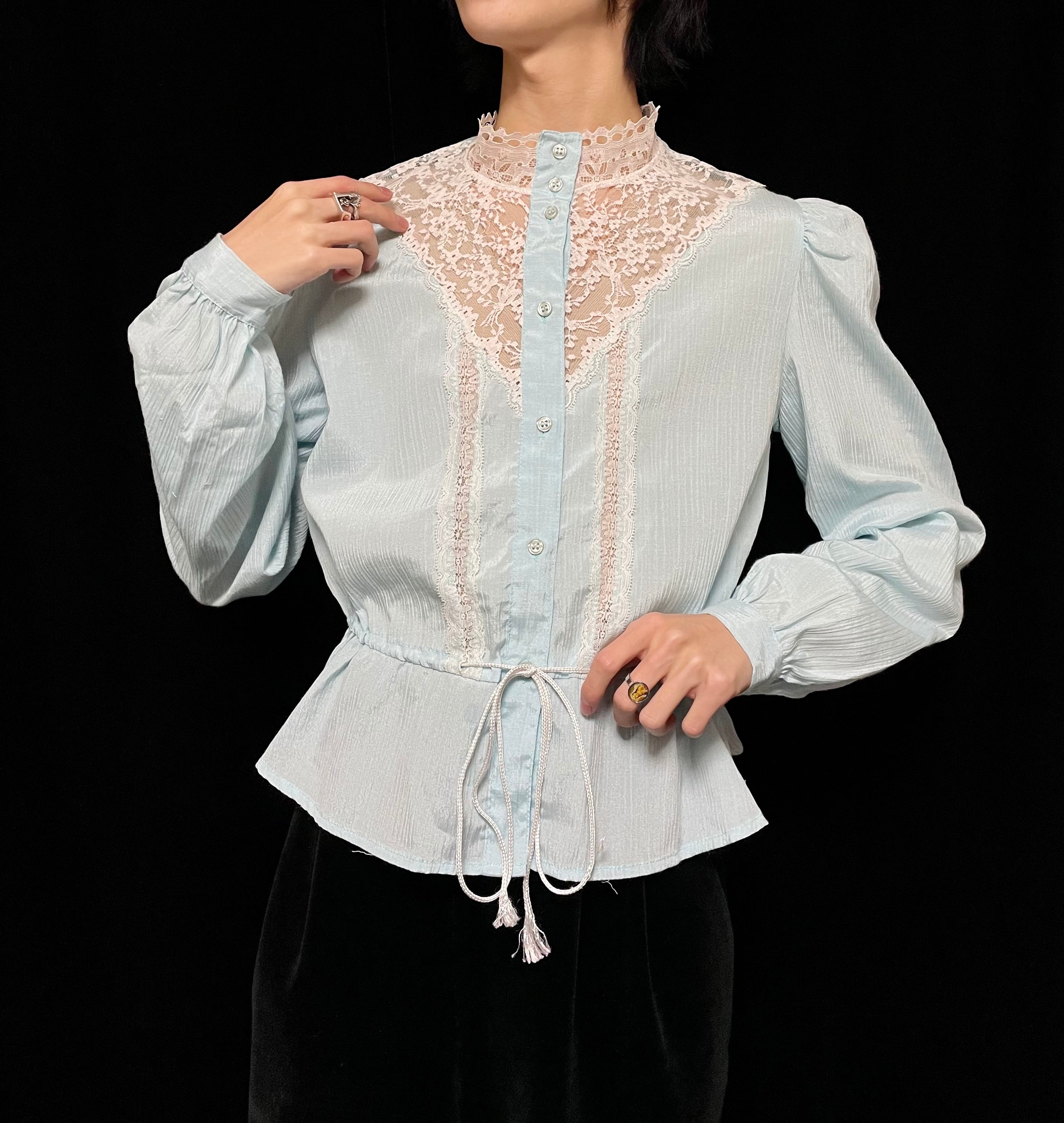 Ice blue × White lace blouse | Pay ID